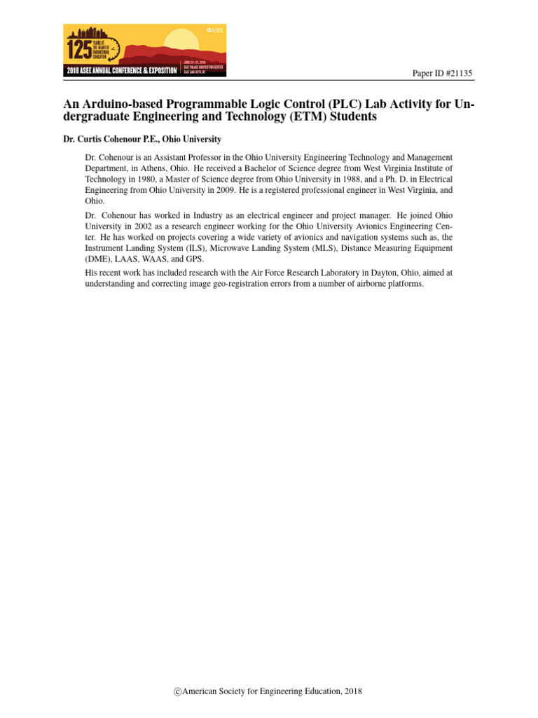 An Arduino Based Programmable Logic Control PLC Lab Activity For Undergraduate Engineering and ...