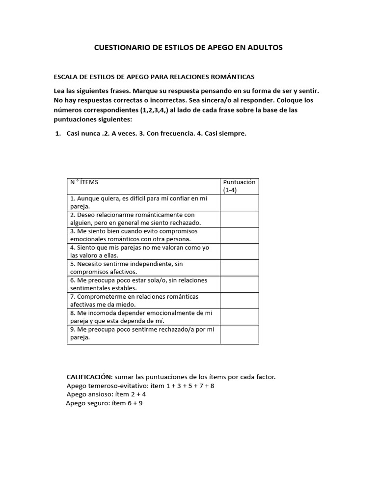 Cuestionario de Estilos de Apego Adultos | PDF | Estilo de vida