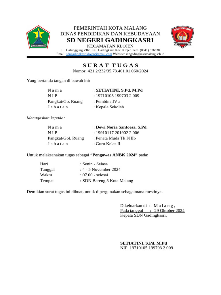 Surat Tugas Pengawas Anbk | PDF