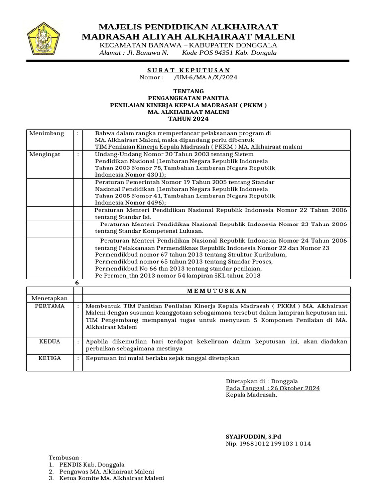 Pengangkatan Tim PKKM MA Alkhairaat | PDF
