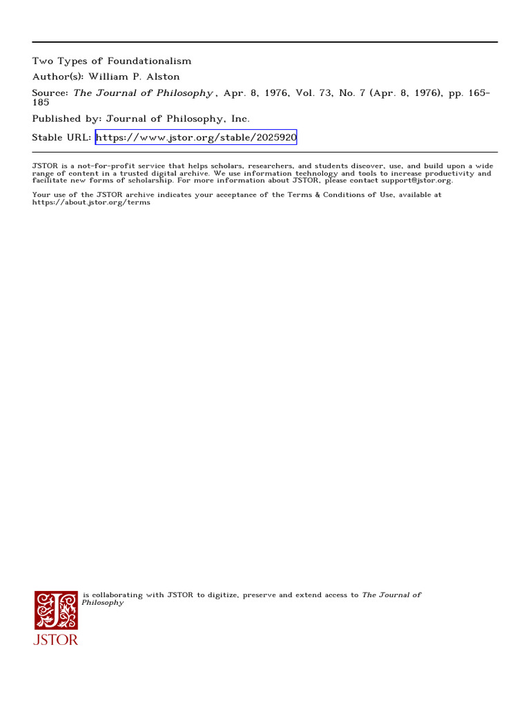 Alston TwoTypesFoundationalism 1976 | PDF | Epistemology | Knowledge