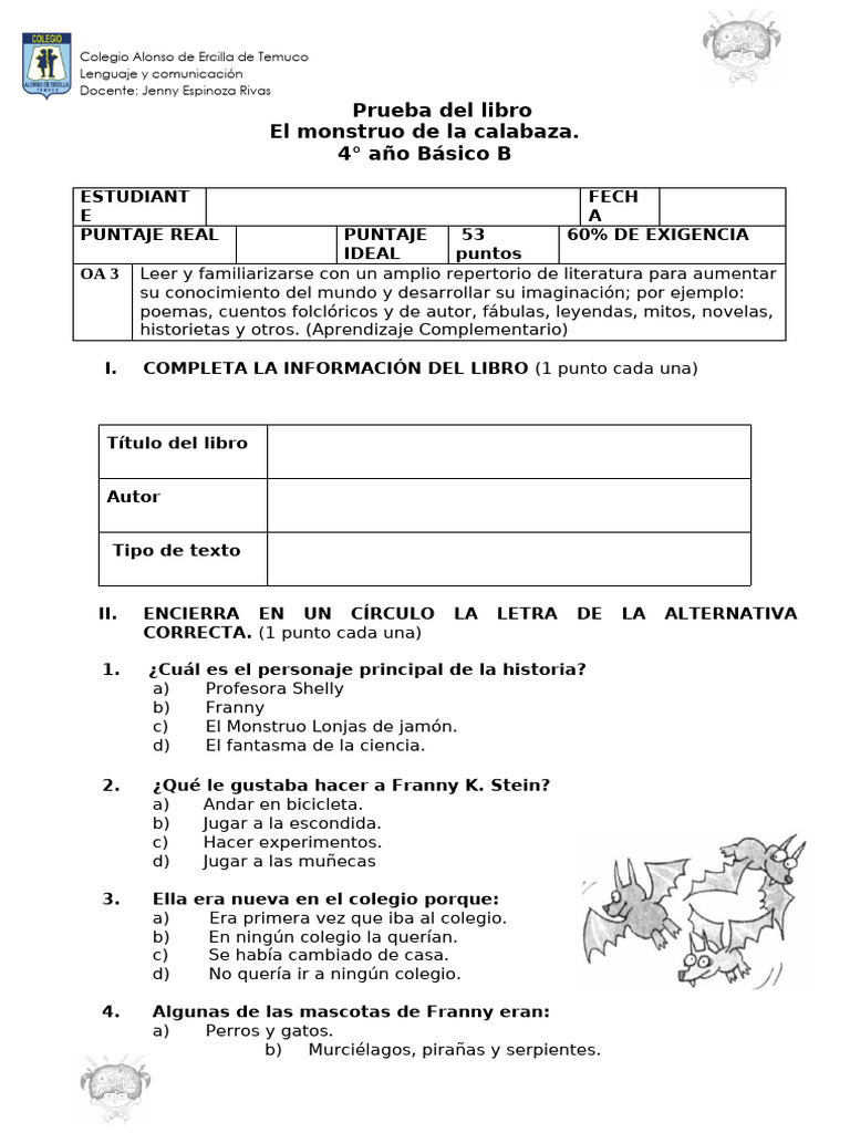 Prueba Del Libro El Monstruo de La Calabaza - 4â° Bã - Sico B | PDF ...