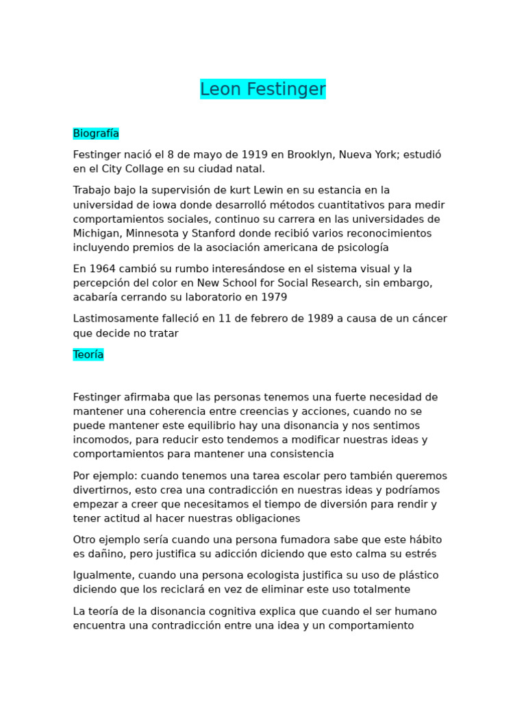 Leon Festinger, Trabajo de Exposición | PDF | Sicología | Conceptos ...