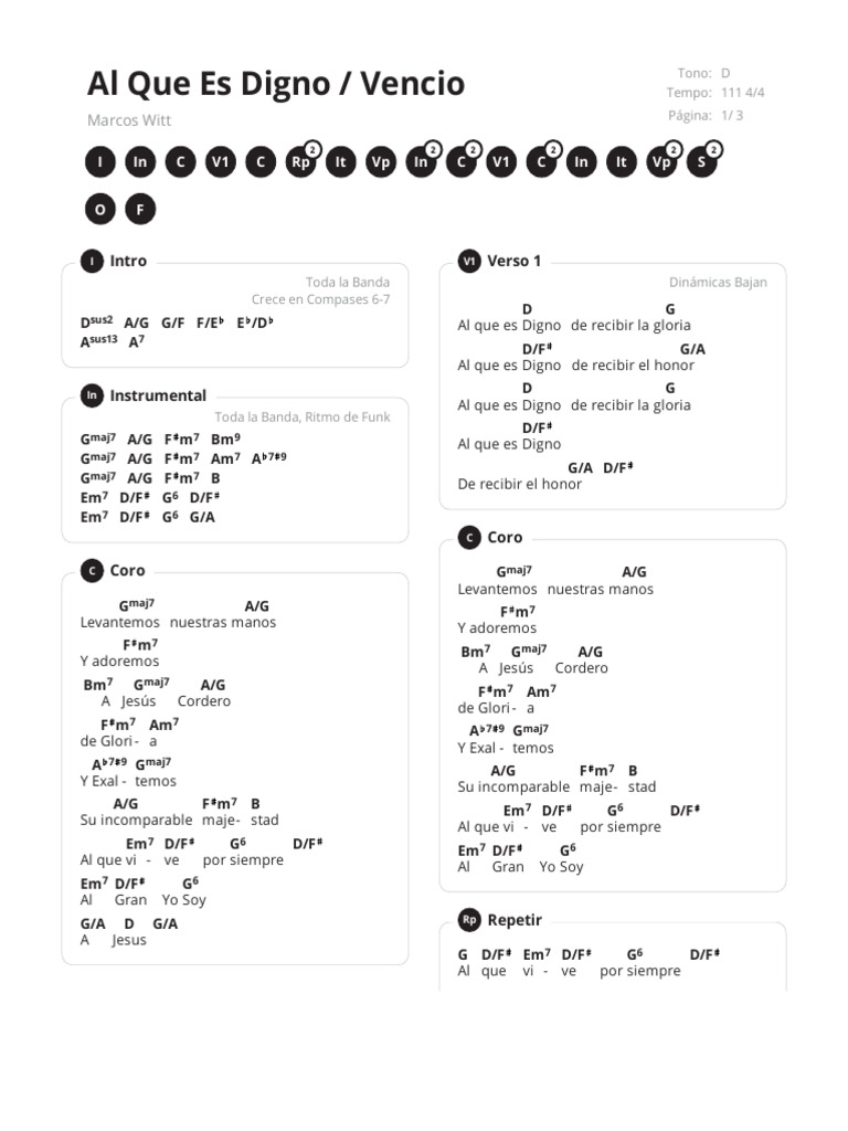 ACORDES Y LETRA (D Original) - Al Que Es Digno + Venció - Marcos Witt | PDF | Musicología ...