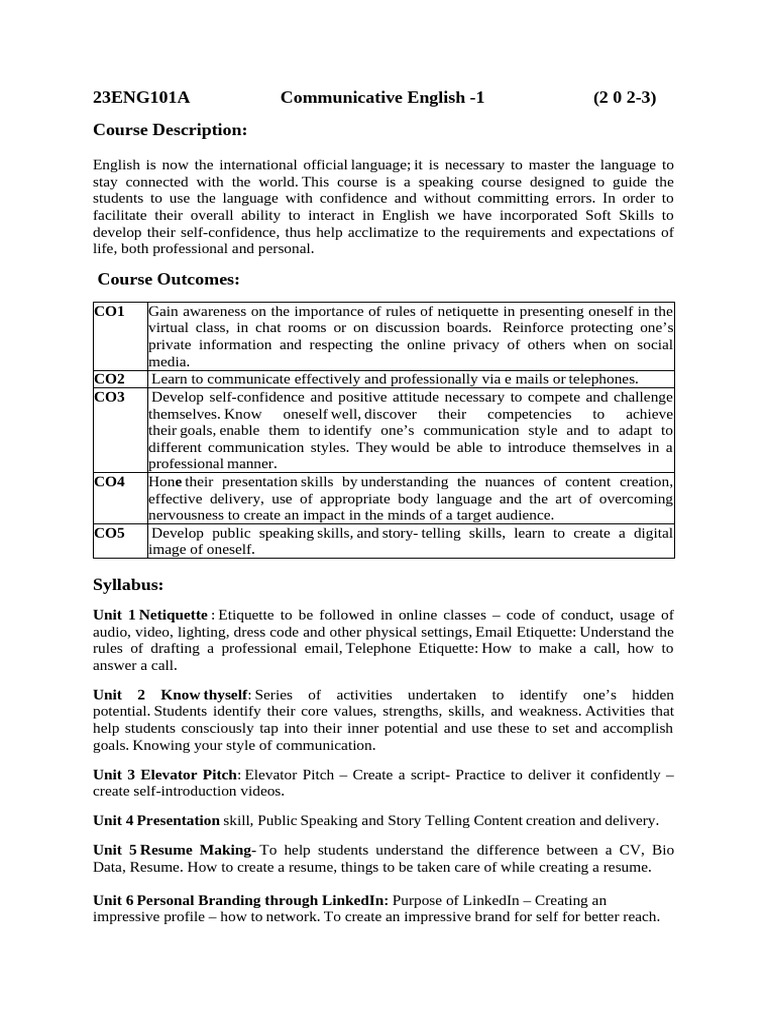 Communicative English - Syllabus | PDF | Communication | Etiquette