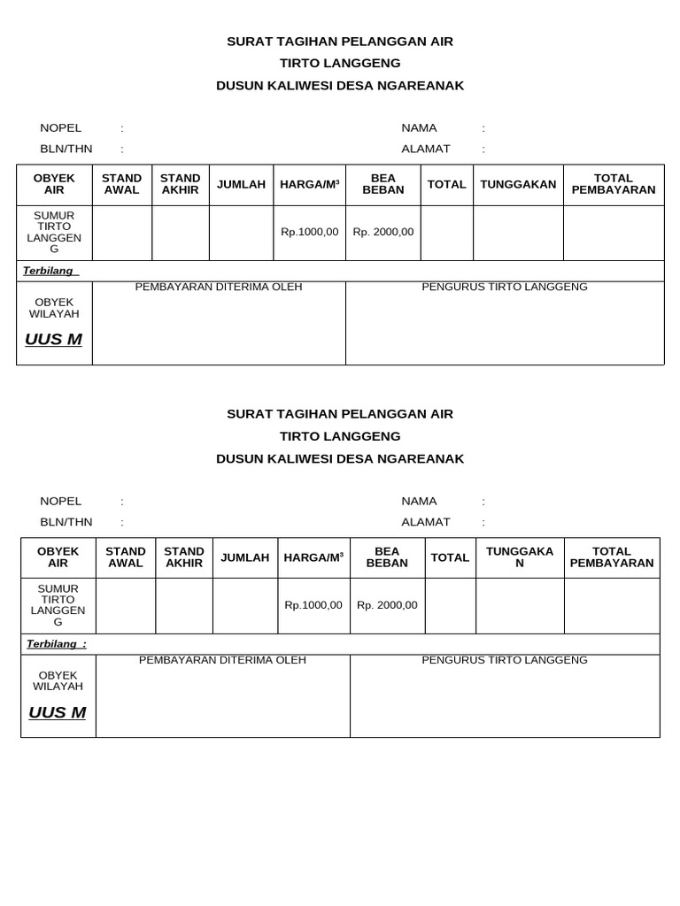 Surat Tagihan Air Tirto Langgeng | PDF