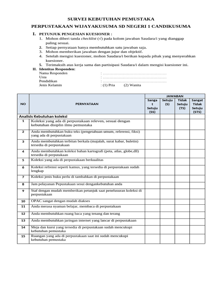 Form Survei Kebutuhan Pemustaka | PDF | Kajian Bahasa Asing
