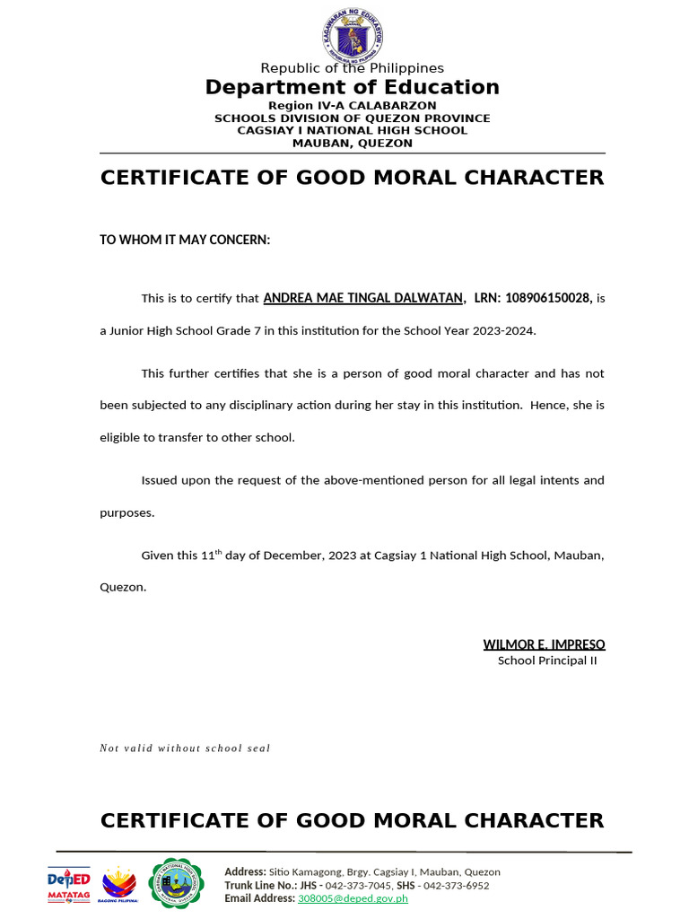 Certificate of Good Moral Character | PDF | Educational Stages