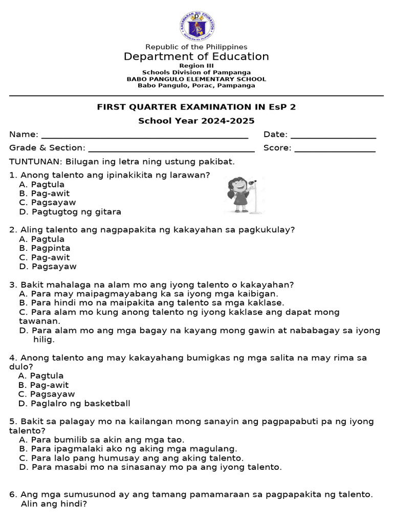 1st Quarter Exam EsP 2 | PDF