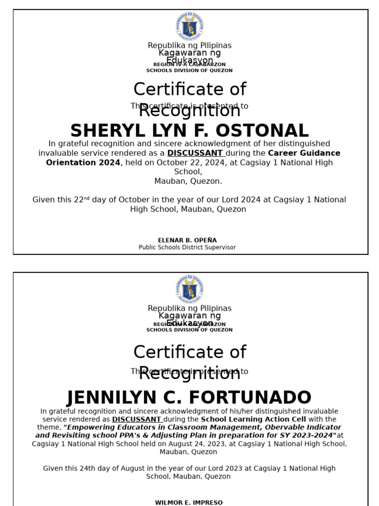 Recognition of Discussants at Cagsiay 1 | PDF | Educational Environment