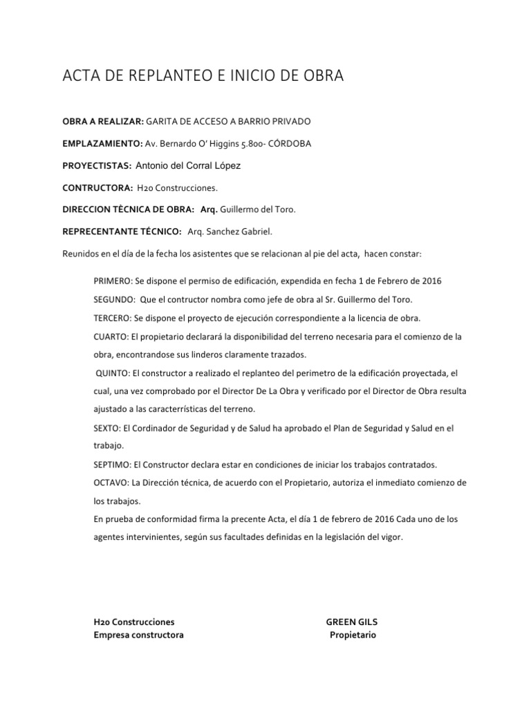 Veroooooo - 1-ACTA DE REPLANTEO E INICIO DE OBRA | PDF | Derecho | Hogar, jardinería y bricolaje