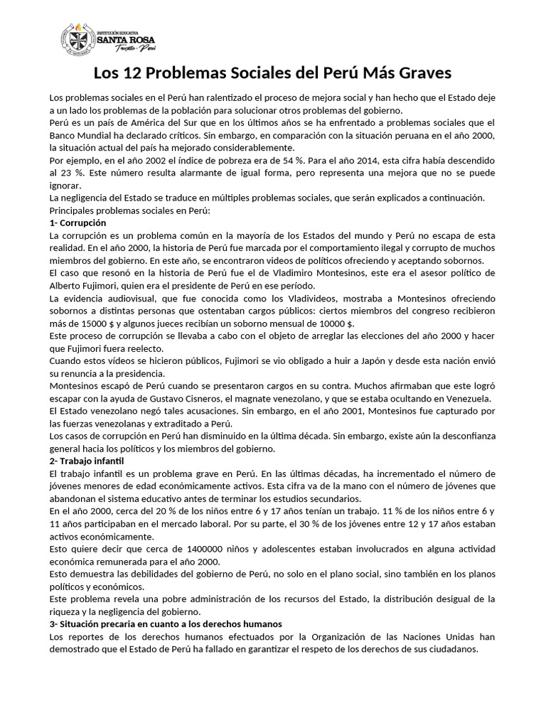 Los 12 Problemas Sociales Del Perú Más Graves | PDF | Perú | Corrupción ...