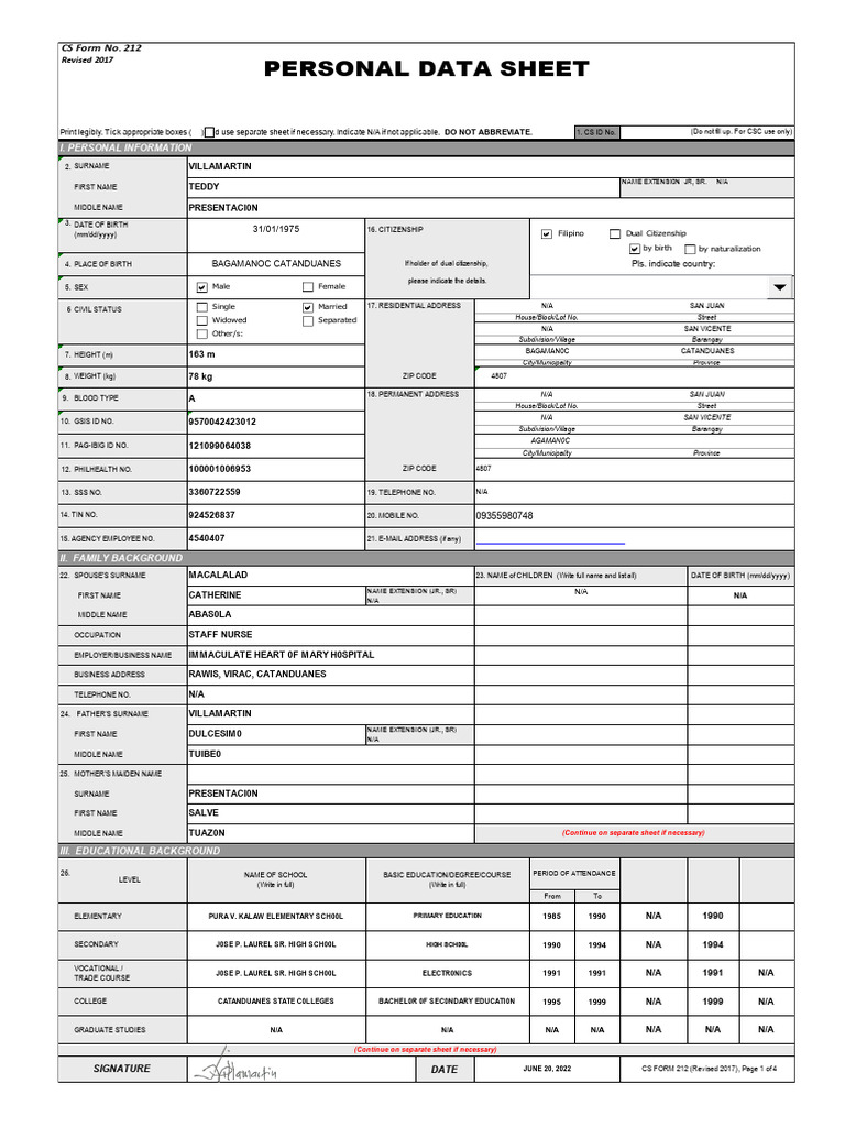 Personal Data Sheet Template | PDF