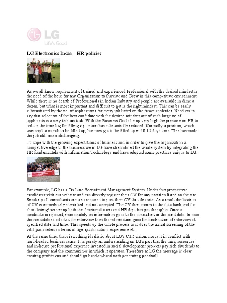 LG Electronics India - HR Policies | PDF | Career & Growth | Finance ...