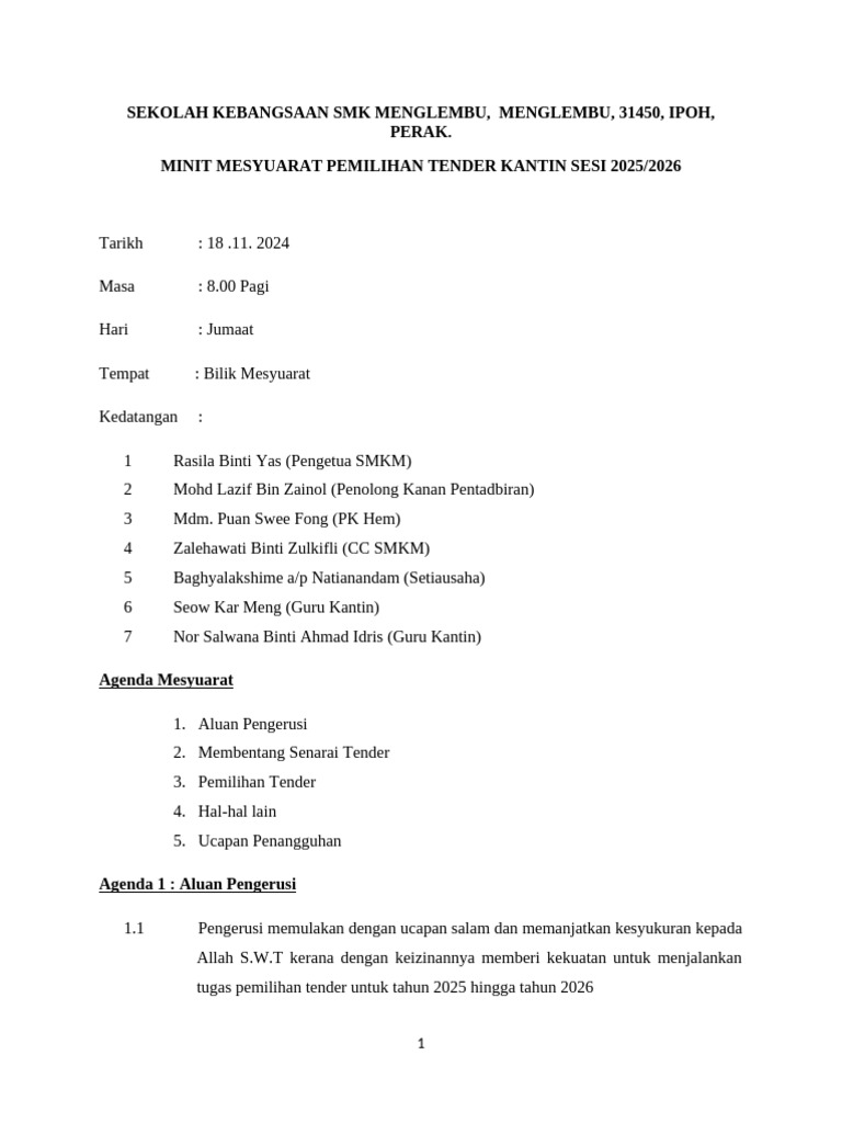 Minit Mesyuarat Pemilihan Tender Kantin 2024 | PDF