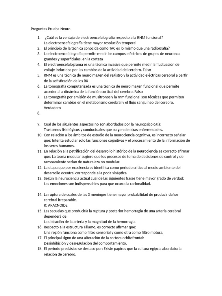 Preguntas Prueba Neuro | PDF | Cerebro | Neurociencia