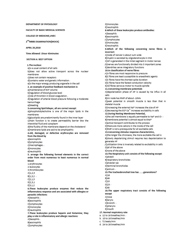 Physio 2018 Mock | PDF | White Blood Cell | Cell Membrane