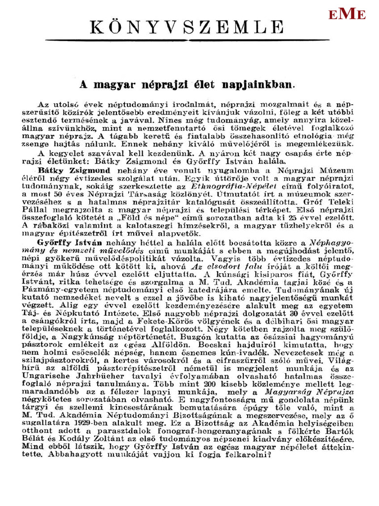 EM 1939 4 10 Gergely Pal-A Magyar Neprajzi Elet Napjainkban | PDF