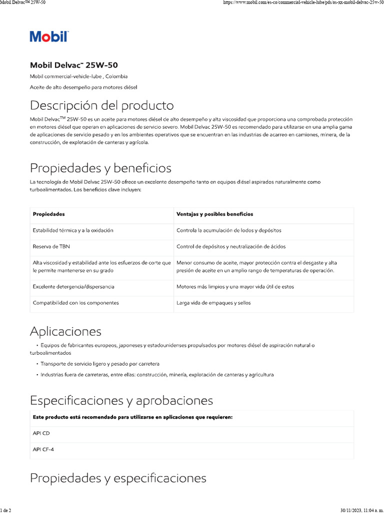 Ficha Tecnica Mobil Delvac 25W50 | PDF