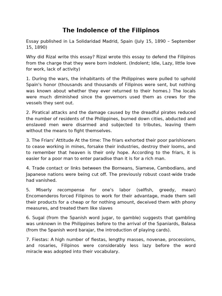 Rizal's Defense of Filipino Indolence | PDF | Philippines