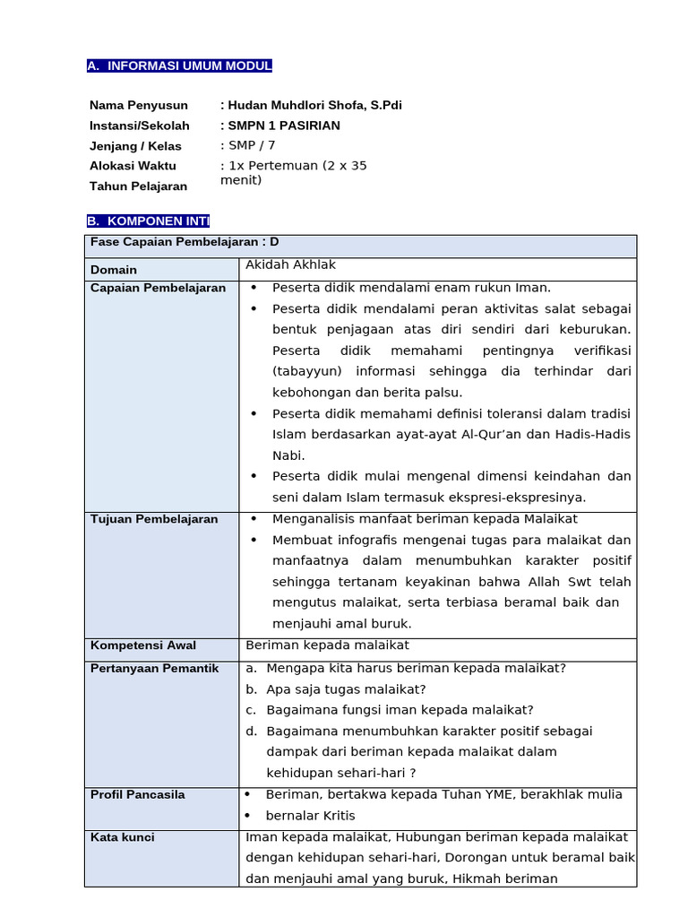 RPP Kurmer Observasi (Iman Kepada Malaikat) Observasi | PDF | Karier & Perkembangan