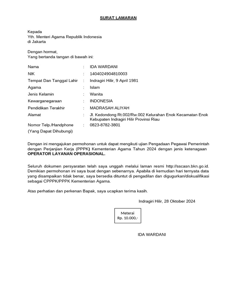 Lamaran PPPK Kementerian Agama 2024 | PDF