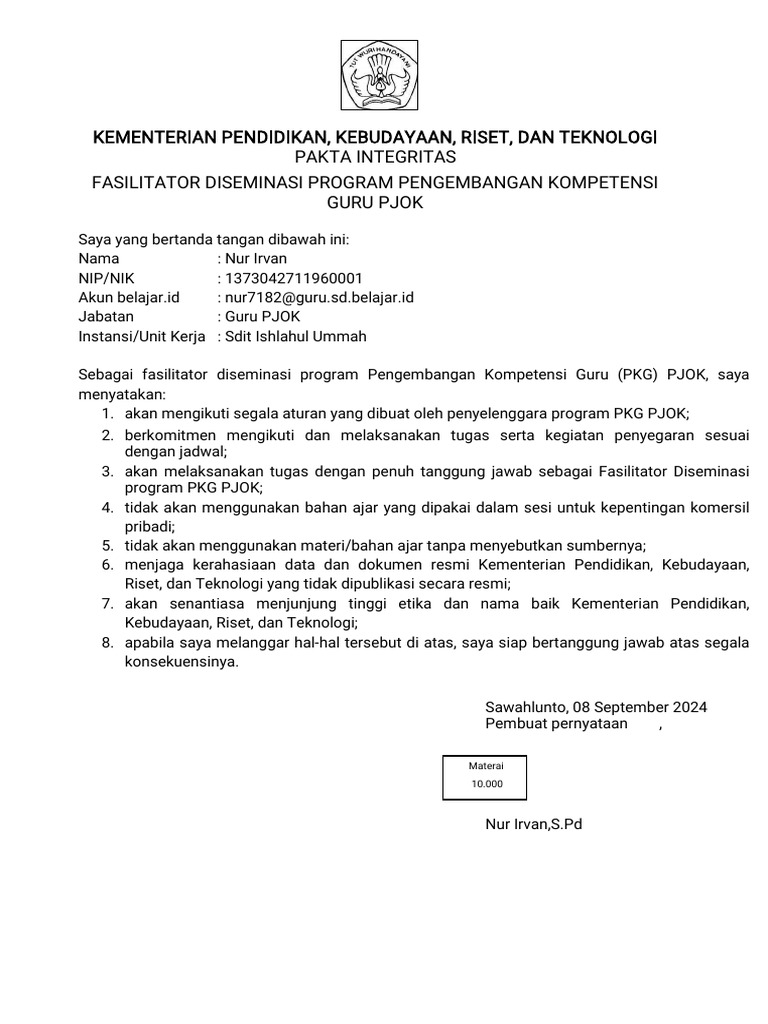Template Pakta Integritas - Peserta Penyegaran PKG PJOK-2 | PDF