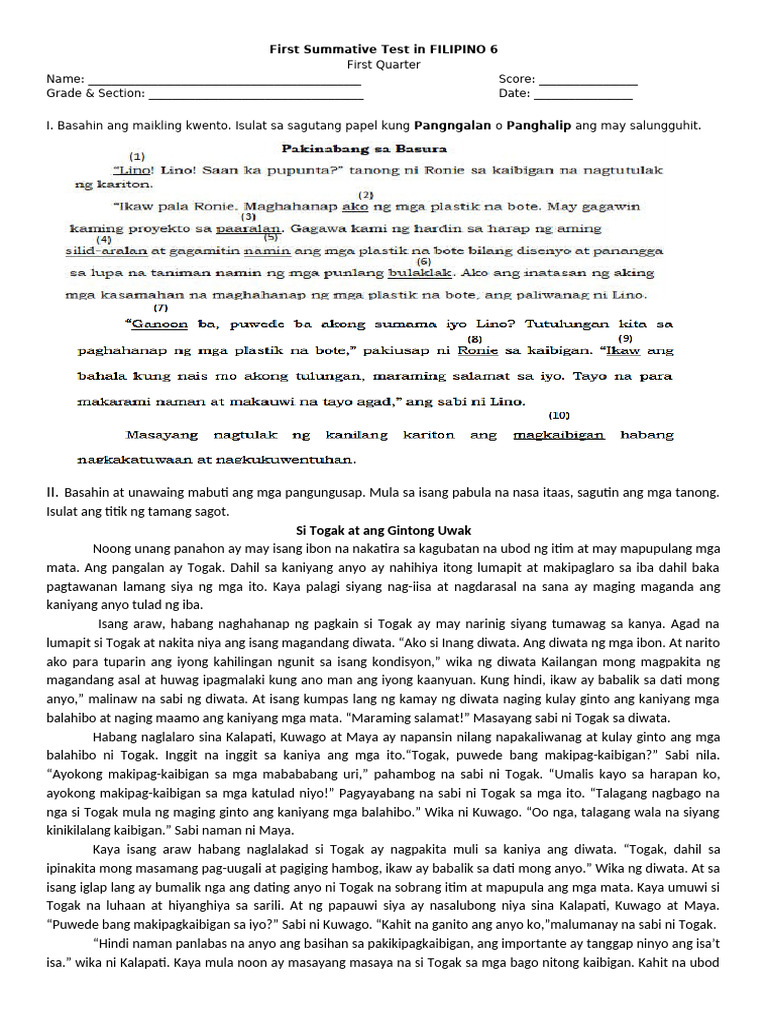 ST1 - Q1 - Filipino 6 | PDF