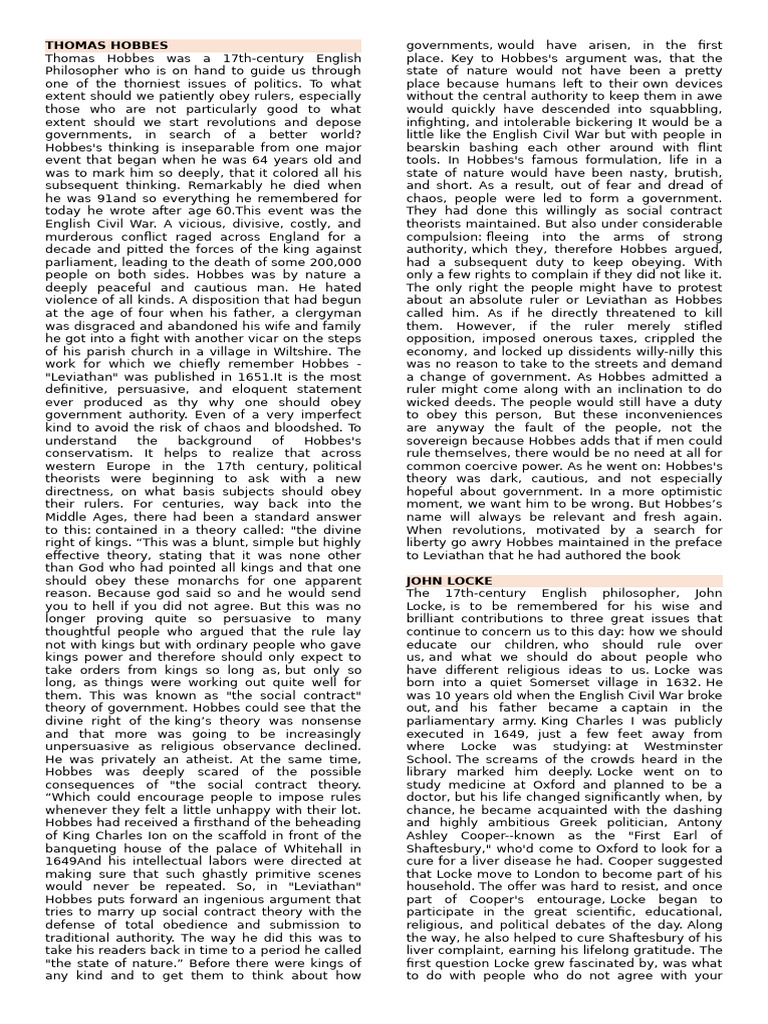 Explanation of Hobbes, Locke, and Rousseau | PDF | John Locke | Jean ...