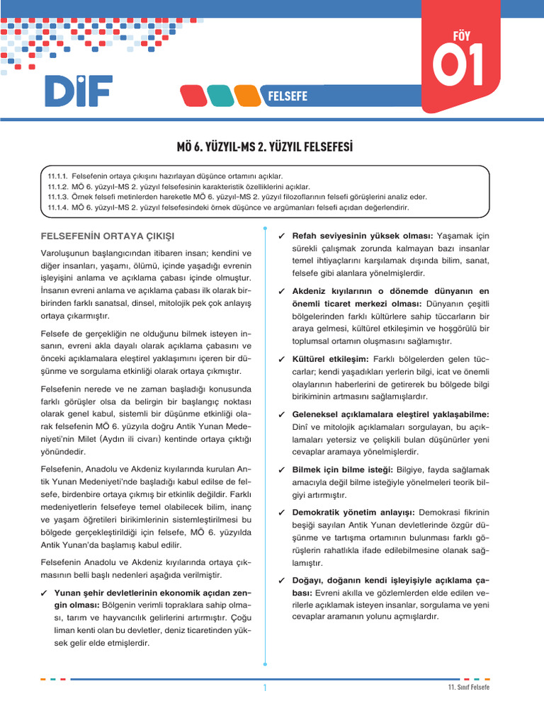 Sınıf Felsefe DİF - FÖY 1 - Ornek | PDF
