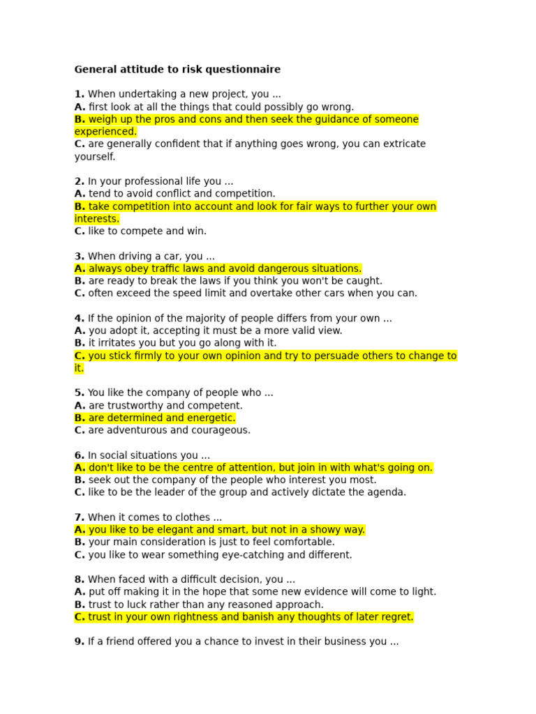 General Attitude To Risk Questionnaire | PDF