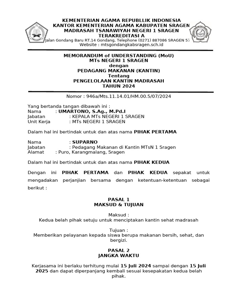 MOU Madrasah/ Sekolah Dengan KANTIN SUPARNO | PDF | Kesehatan Holistik