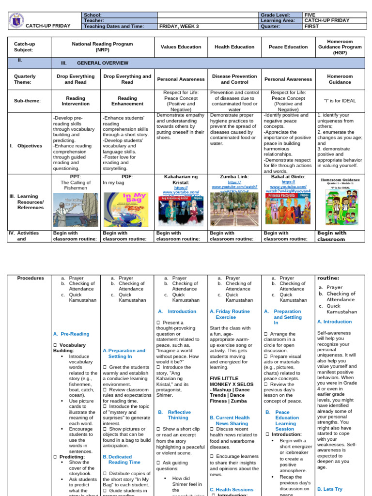 q1 Week 3 DLL Catch Up Friday Grade 5 | PDF | Reading Comprehension | Learning