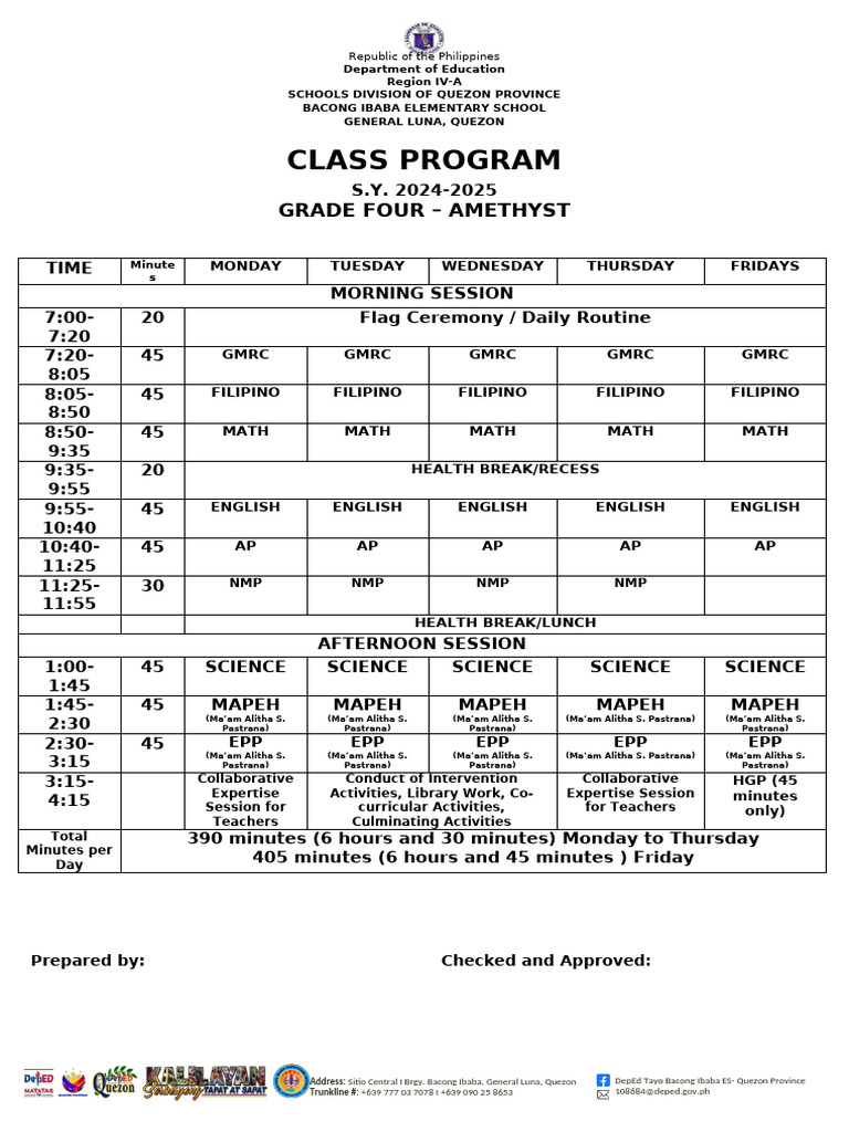 Grade 4 Class Schedule 2024-2025 | PDF | Government Related ...