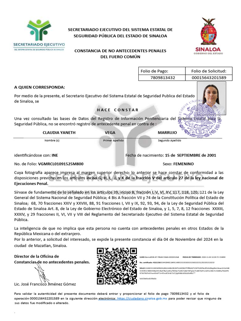 Constancia de No Antecedentes Penales Sinaloa | PDF | Justicia | Crimen ...