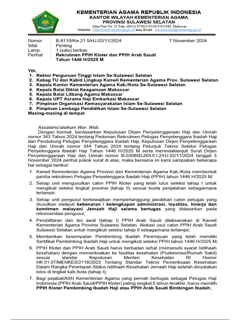 Surat Rekrutmen PPIH 2025 Sulawesi Selatan | PDF