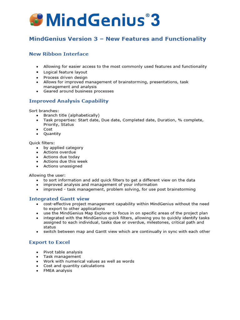 Mindgenius 3.x New - Features | PDF | Brainstorming | Microsoft Excel