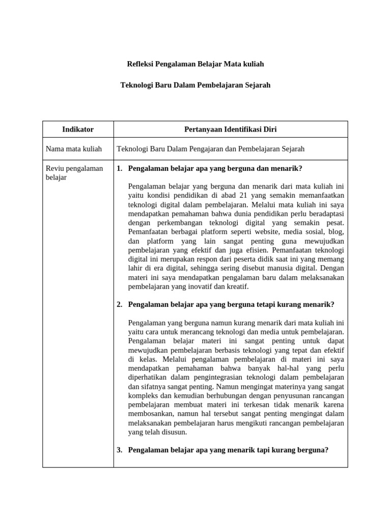 Refleksi MK Teknologi Baru Dalam Pengajaran - Elsarah Natasha - 1 | PDF