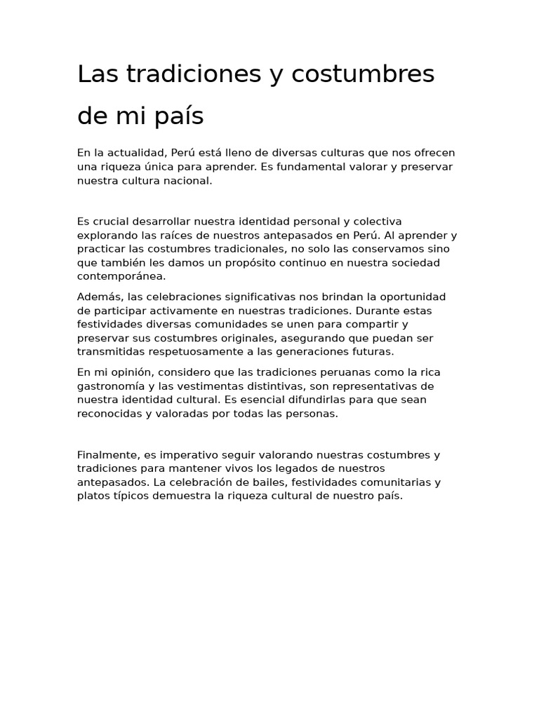 Las Tradiciones y Costumbres de Mi País | PDF