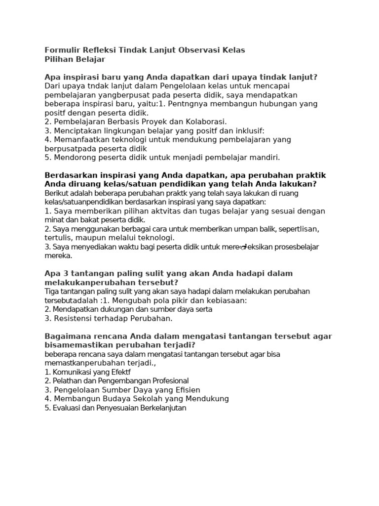 Formulir Refleksi Tindak Lanjut Observasi Kelas | PDF
