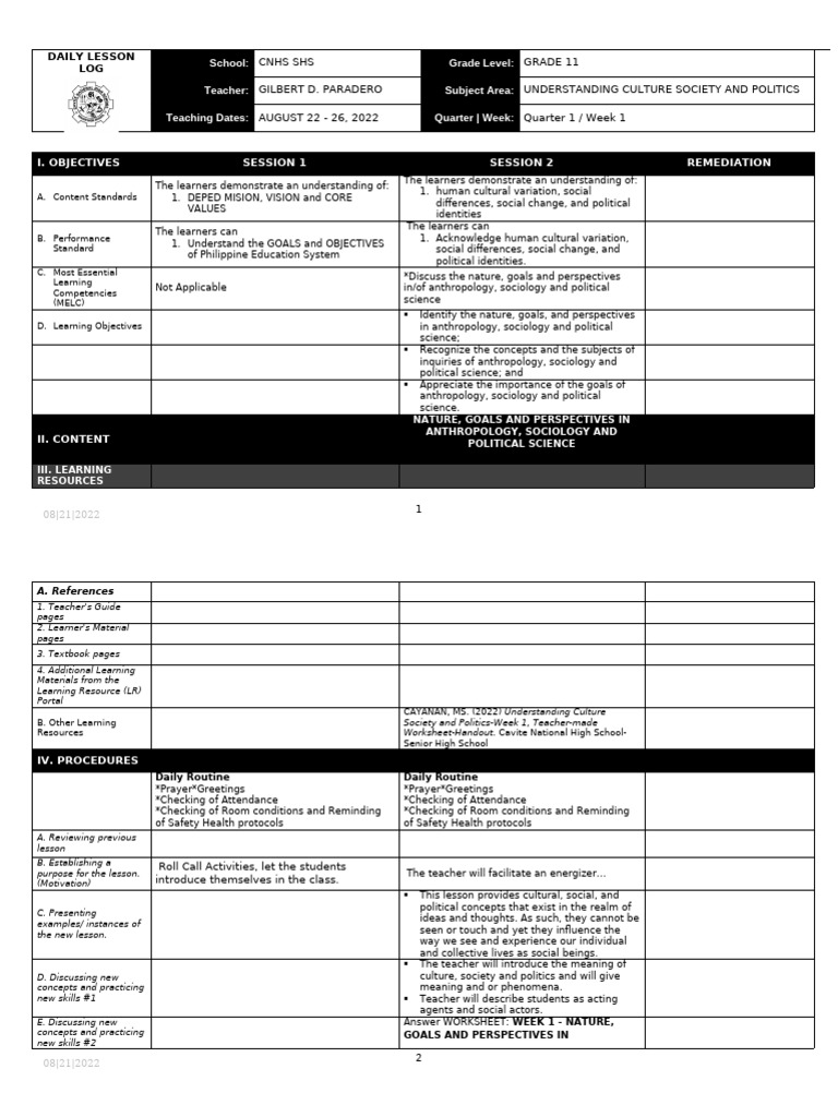 Ucsp Daily-Lesson-Log-Q1-W1 | PDF | Learning | Science