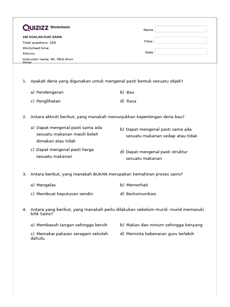100 SOALAN KUIZ SAINS - Quizizz | PDF
