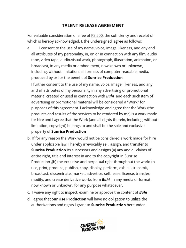 Talent Release Agreement Form | PDF | Copyright | Property Law