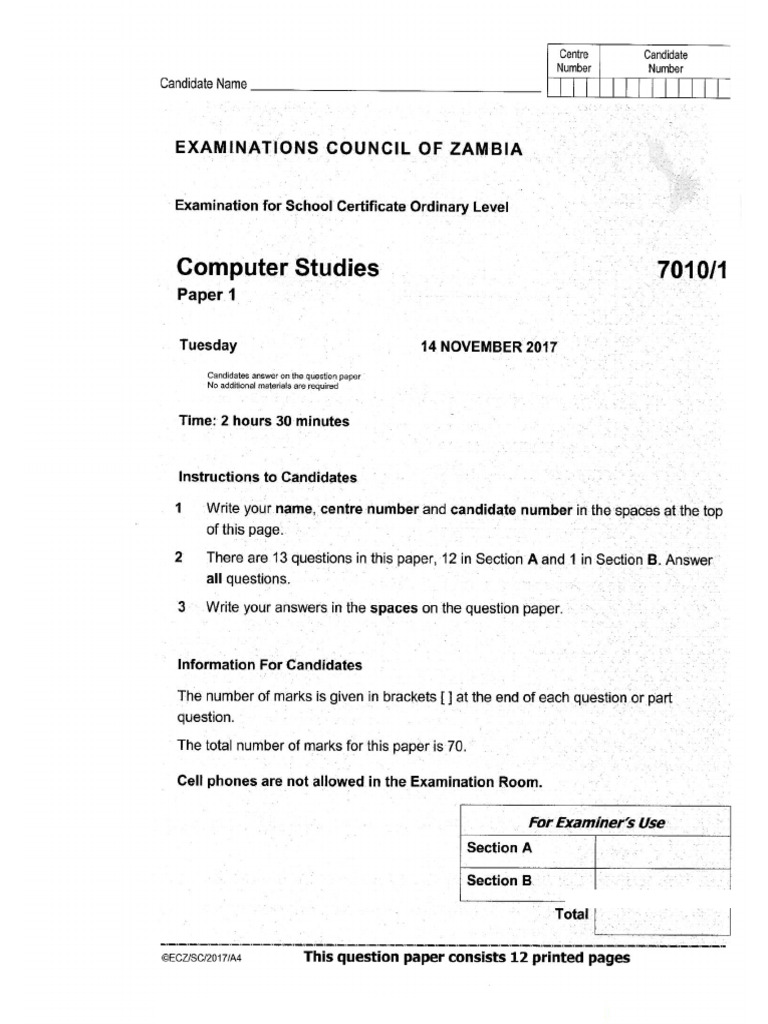 2017 Computer Studies Paper 1 Past Paper | PDF