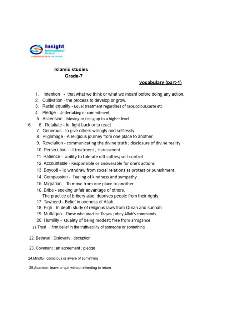 Grade 7 Islamic Studies Vocabulary | PDF