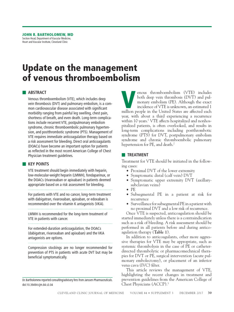 Update On The Management of Venous Thromboembolism | PDF | Thrombosis | Medical Specialties