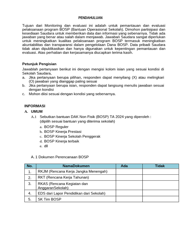 Instrumen BOSP 2024 | PDF | Pengelolaan Keuangan & Uang