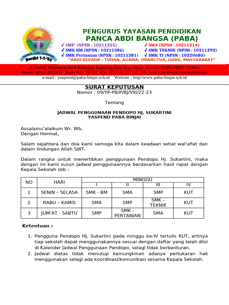 09 - Jadwal Penggunaan Pendopo | PDF