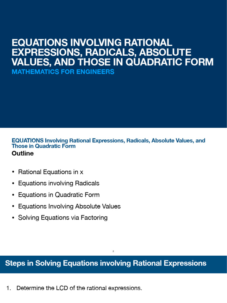 8 - Rational, Radical, Absolute Equations | PDF | Equations | Quadratic ...