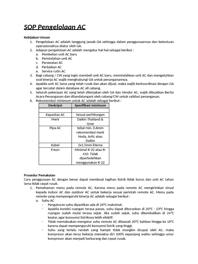SOP Pengelolaan AC | PDF | Komputer